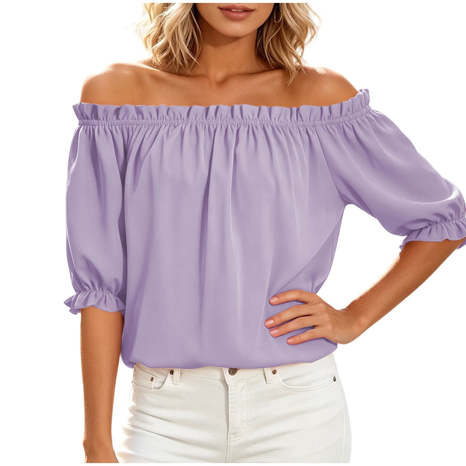 cocolona Womens Summer Trendy Tops Off-Shoulder 3/4 Ruffle Sleeve ...