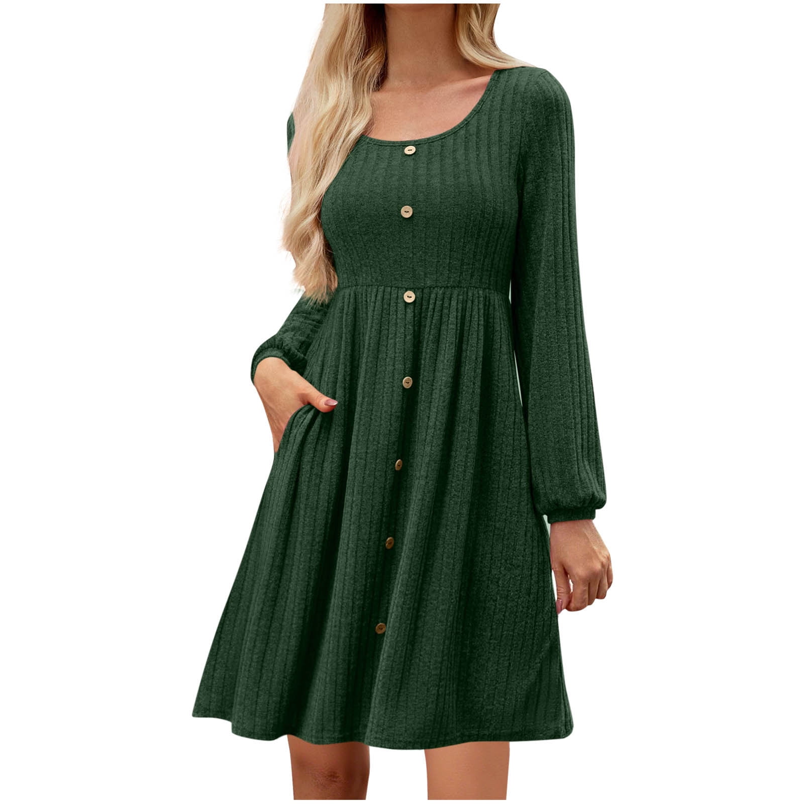 cocolona Womens Sweater Dress Round Neck Long Sleeve Button Dress Fall Fashion Pleated Flowy ...