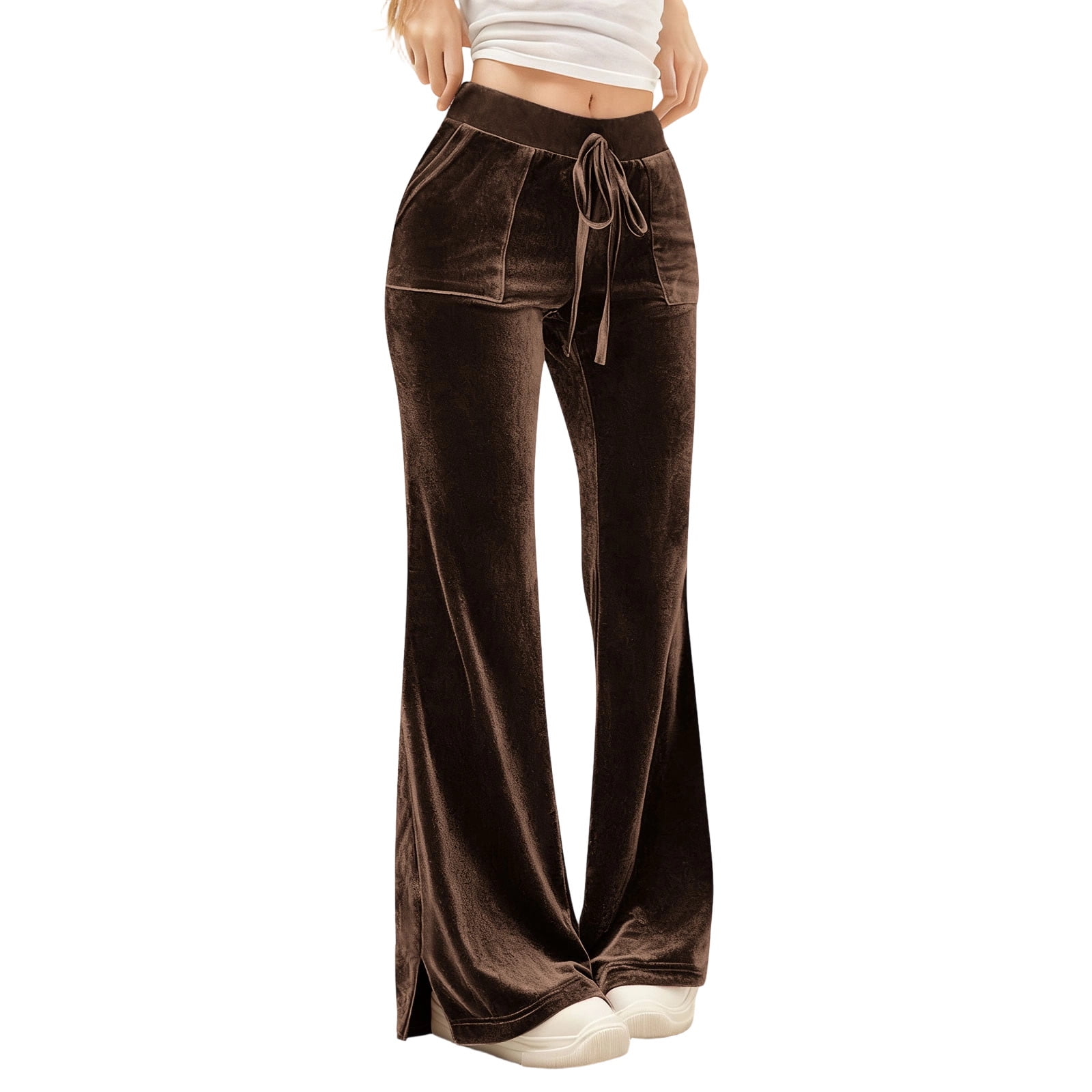 cocolona Womens Velvet Pants Elastic Waist Drawstring Wide Leg Pants ...