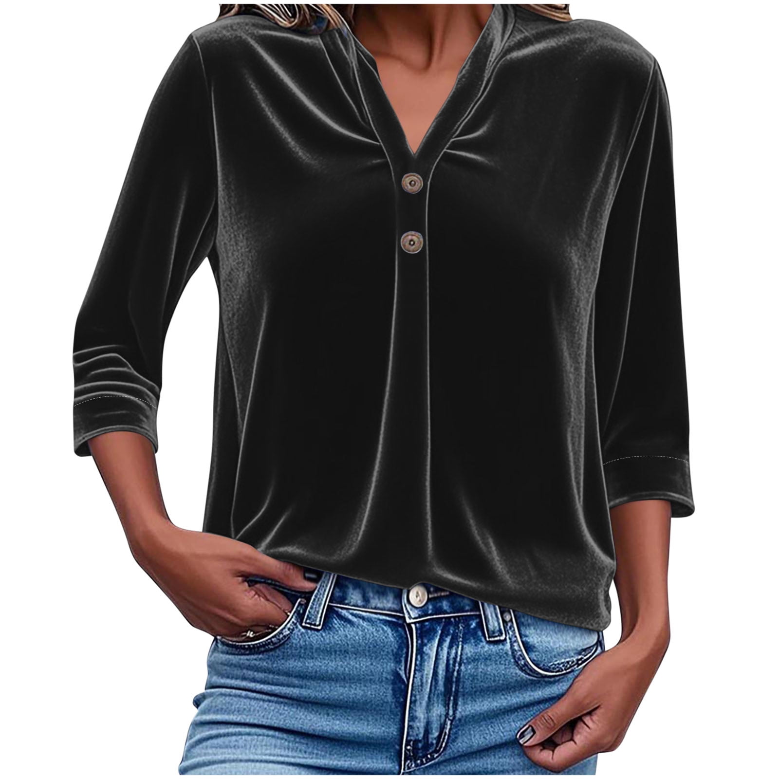 cocolona Womens Velvet Tops 2025 Button V Neck 3/4 Sleeve Shirts Dressy ...