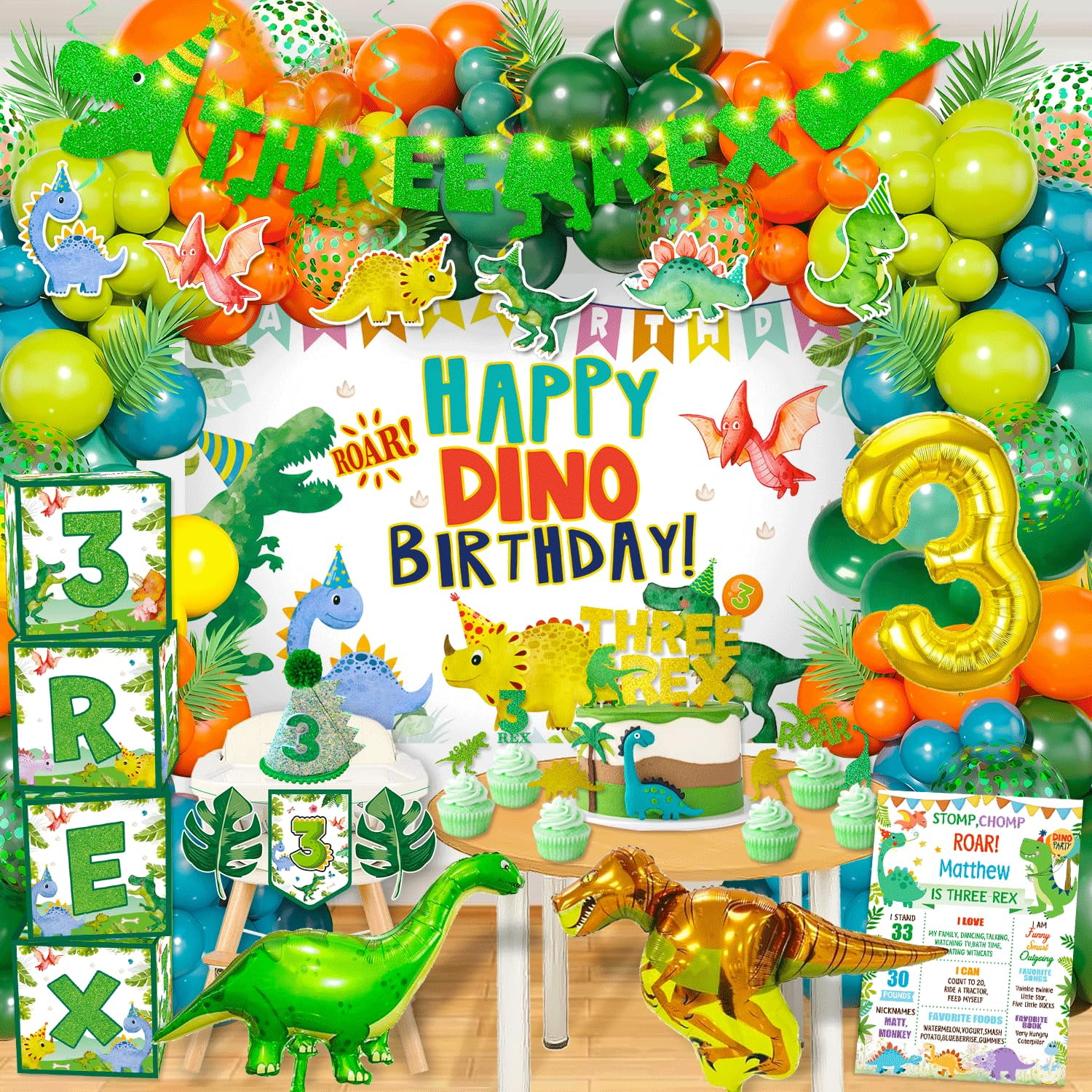 cocomigo 147pcs Three Rex KEF16 Dinosaur Birthday Decorations for 3 ...
