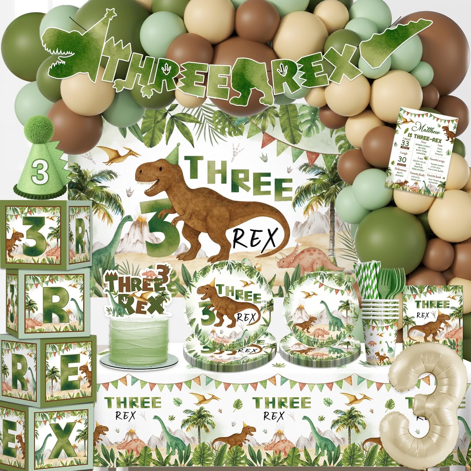 cocomigo 232 Pcs Three Rex Birthday Decorations Boy Complete Party Set, 3 Rex Birthday ...