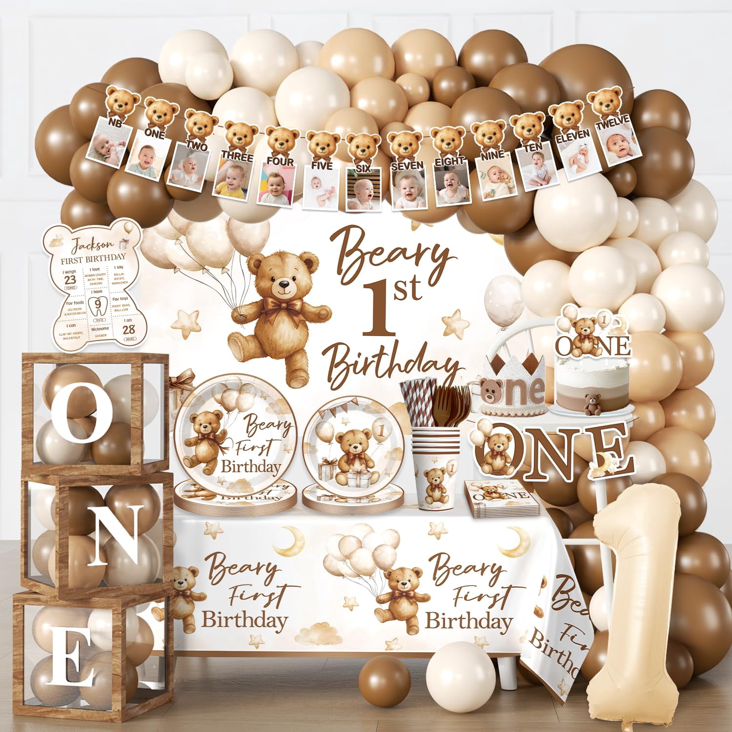 cocomigo 238 PCS Beary First Birthday Decorations, All-in-One Brown ...