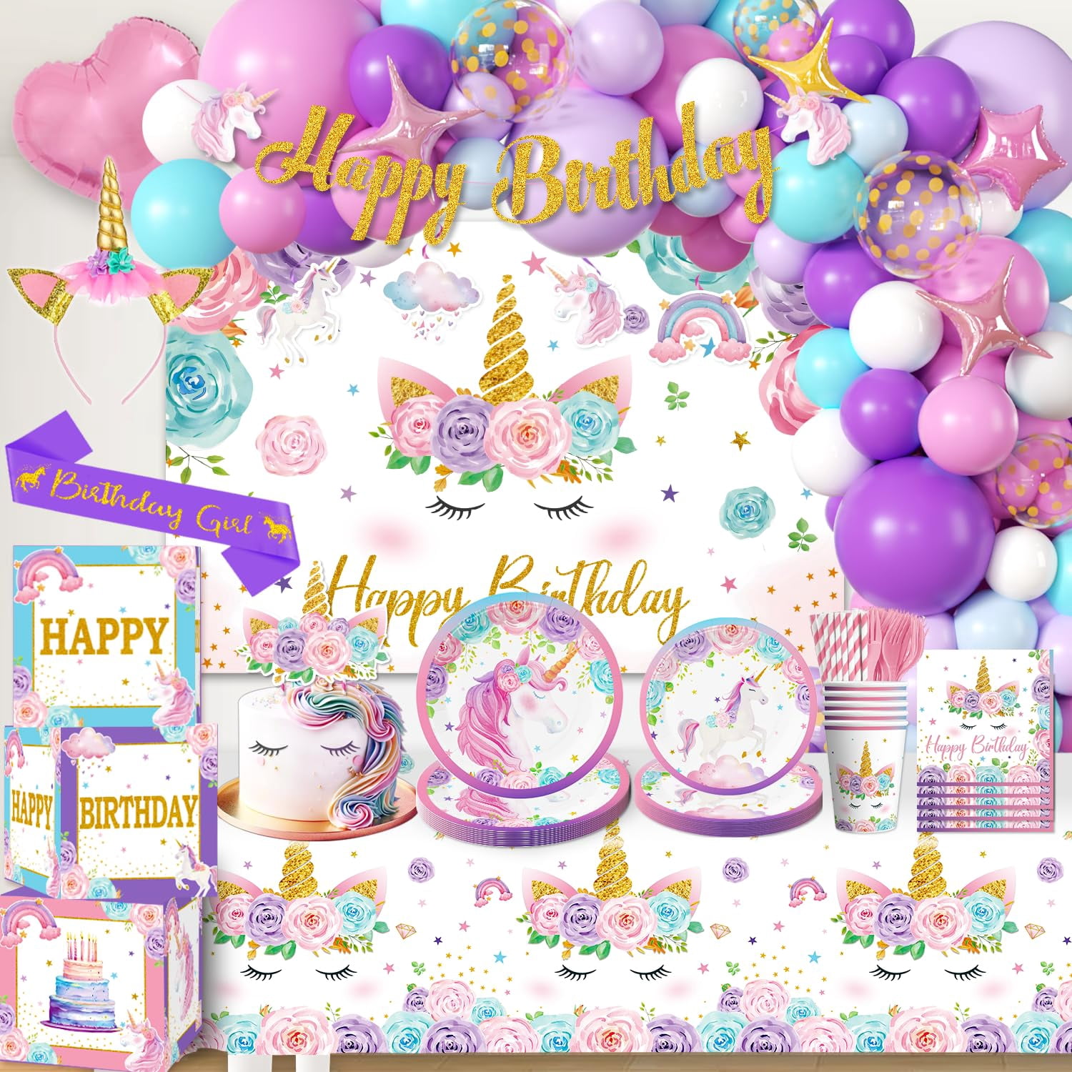 cocomigo 246PCS Unicorn Birthday Decorations Set, All-in-One Party ...