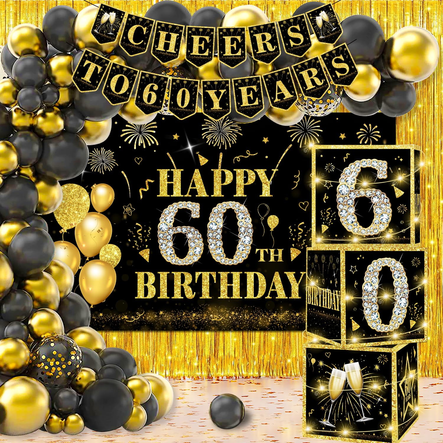 cocomigo 60th Birthday for Men 60th Birthday for Women, 85pcs Black Gold Happy 60th Birthday ...
