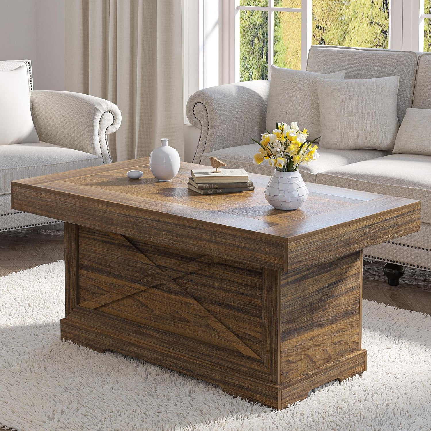 coffee table 39 in rustic center table with x-design wooden pedestal ...