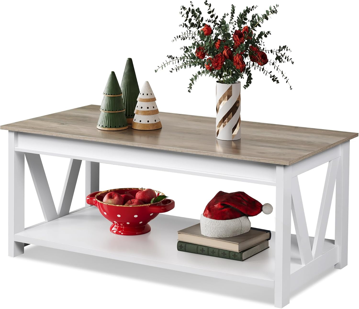 Coffee Table, 43" Farmhouse Coffee Table with Storage Shelf & Sturdy V ...