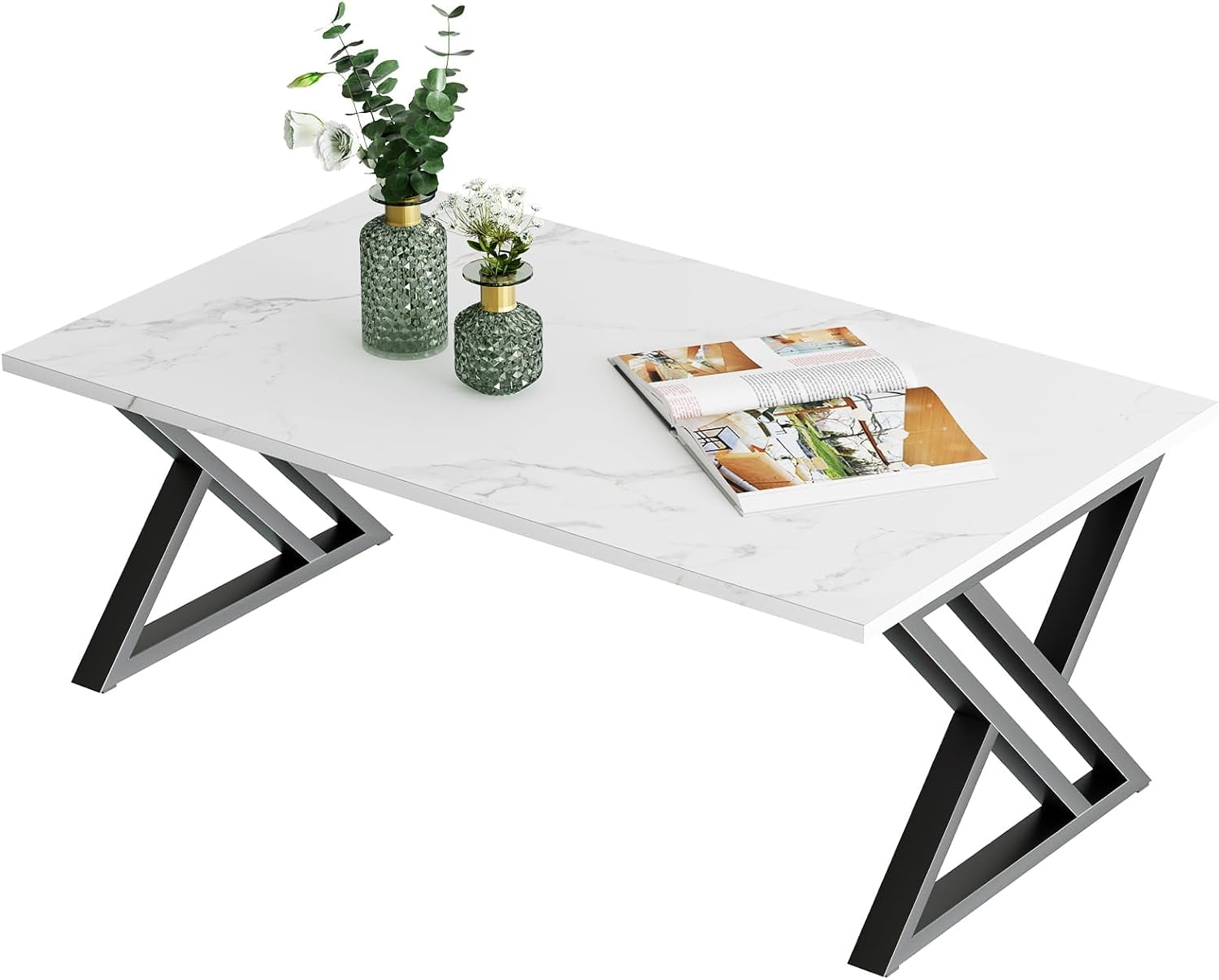 Coffee Table White Living Room Center Table, Simple Modern Faux Marble ...