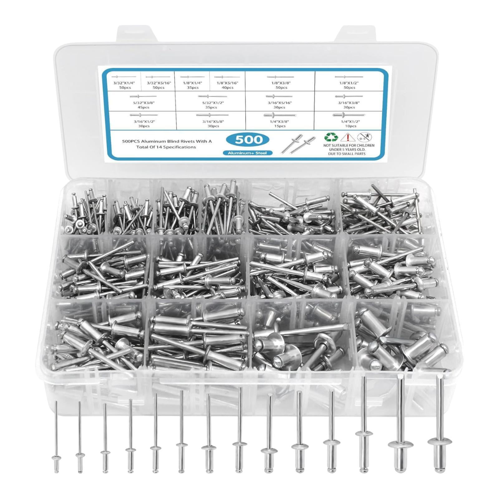 colaxi 500Pcs Rivets,Rivet Set 3/32" 1/8" 5/32" 3/16" 1/4" SAE with ...