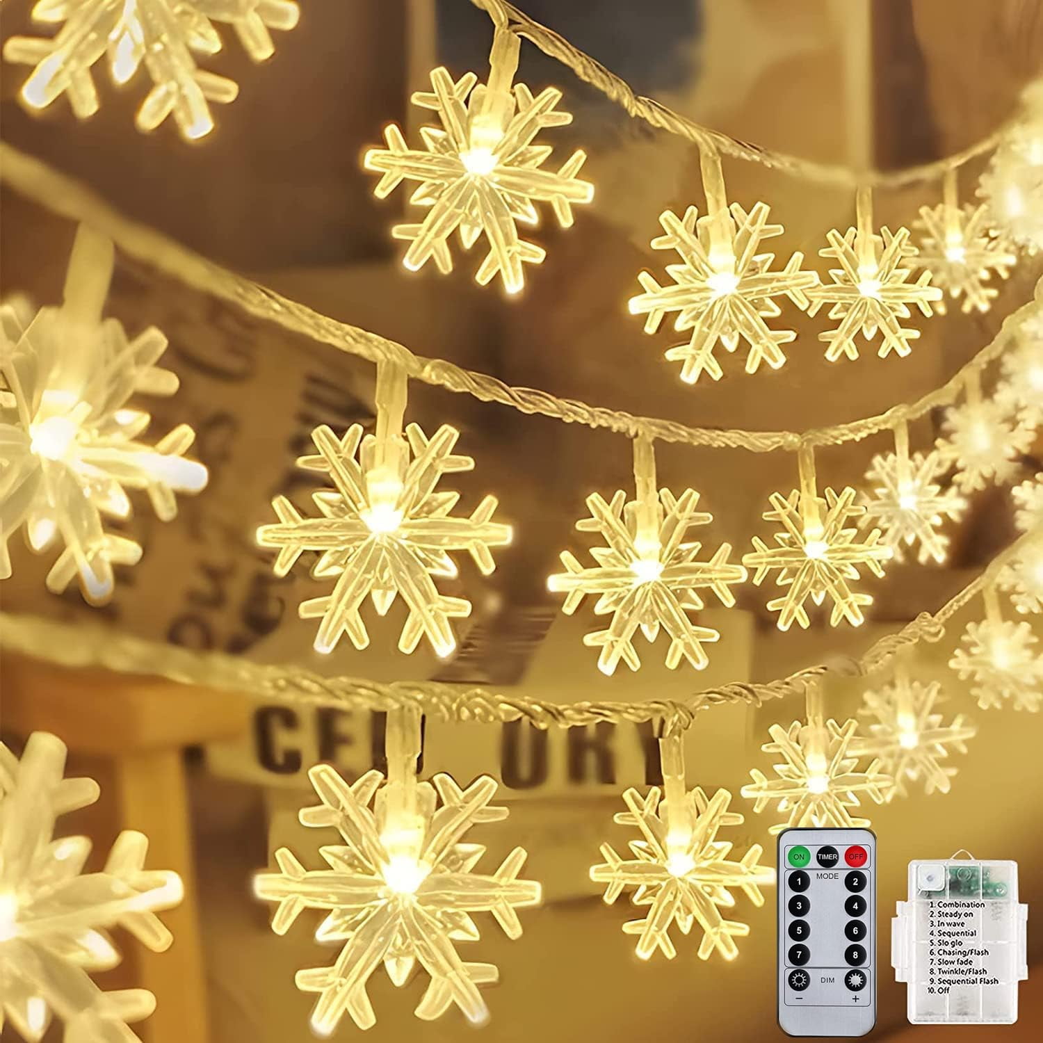 colcutee Christmas Snowflake Lights, 20ft 40LED 8 Modes & Timer Battery ...
