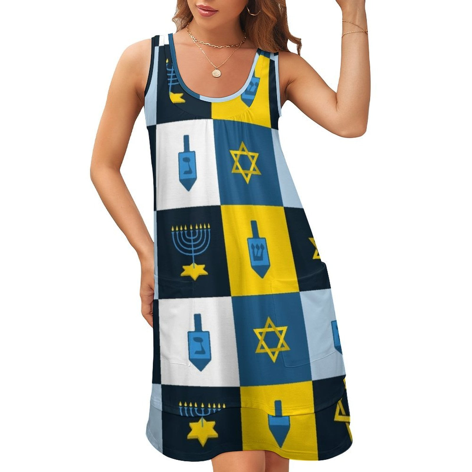 colorblock hebrew hanukkah Sleeveless U-Neck Fake Two Piece Dress Long ...