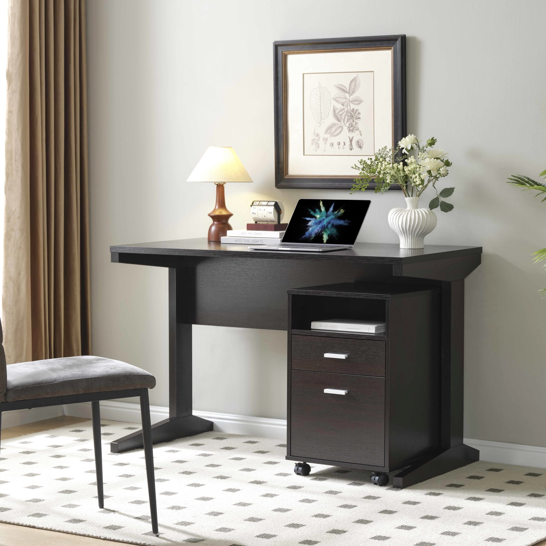 -colored Work Desk With Detached File Cabinet On Castors Home Office ...