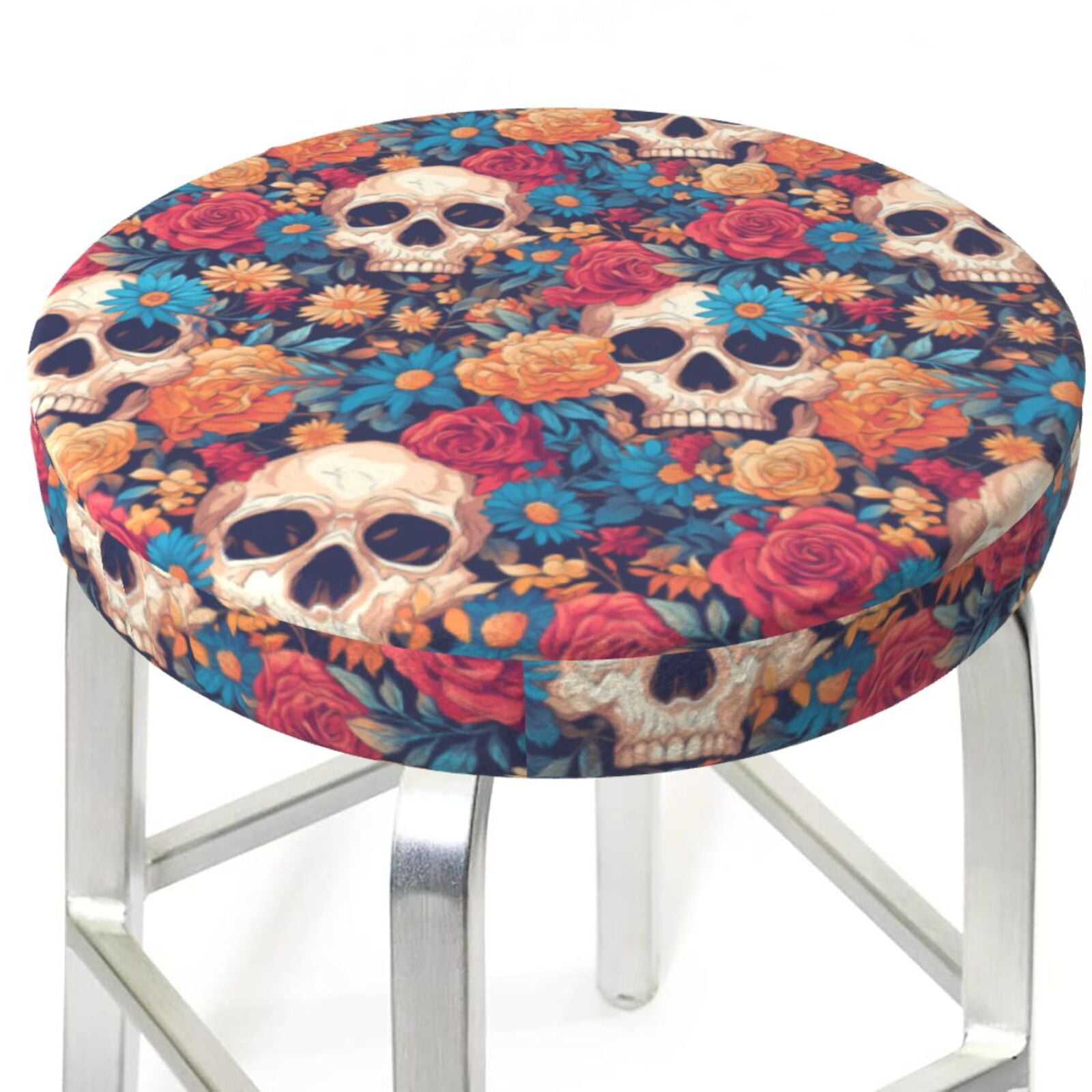 colorful Skull rose Bar Stool Covers - Stretch Round Seat Covers with ...