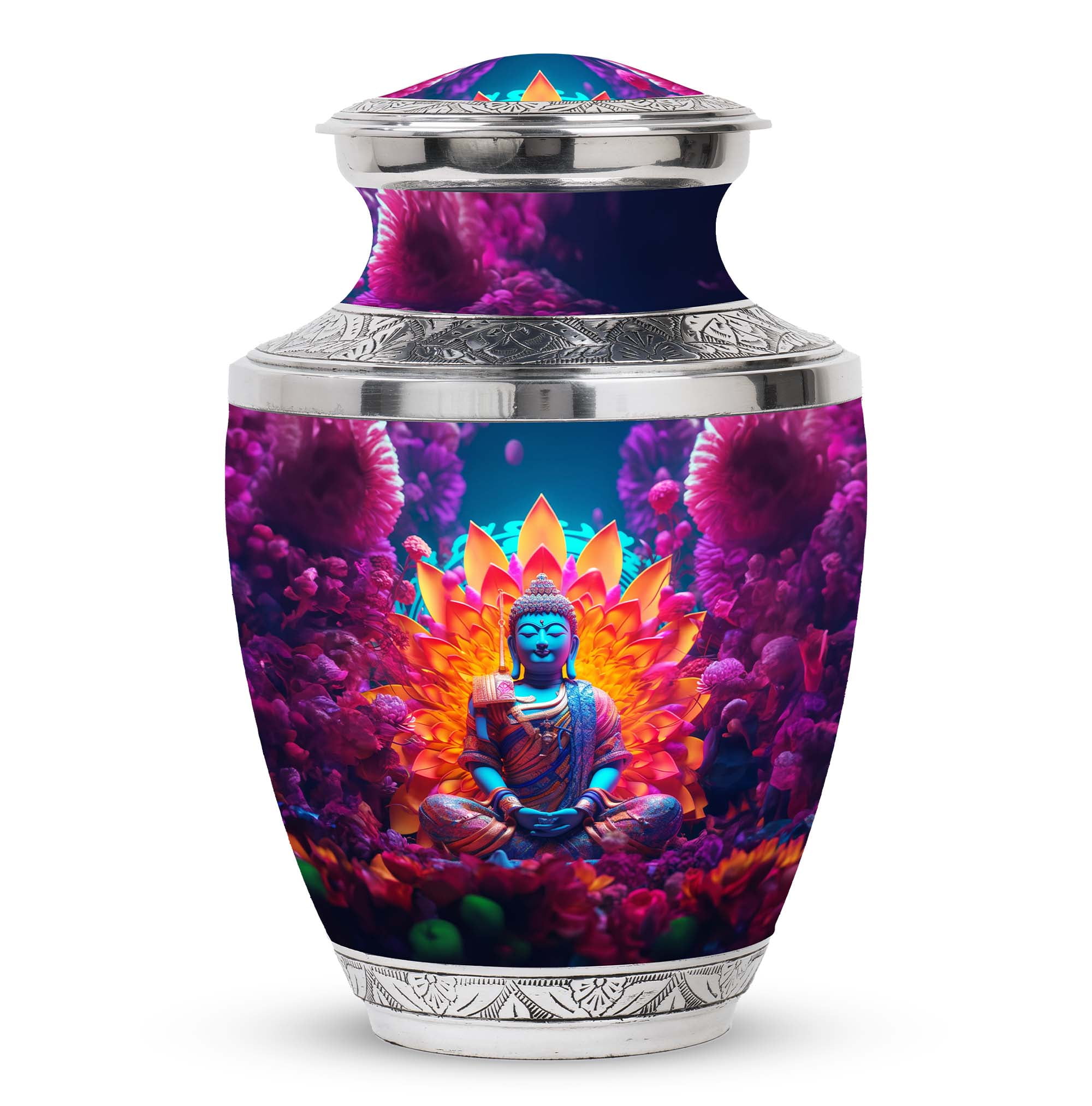 colorful statue buddha sits lotus flower bed Restful Meadows Large Urn ...