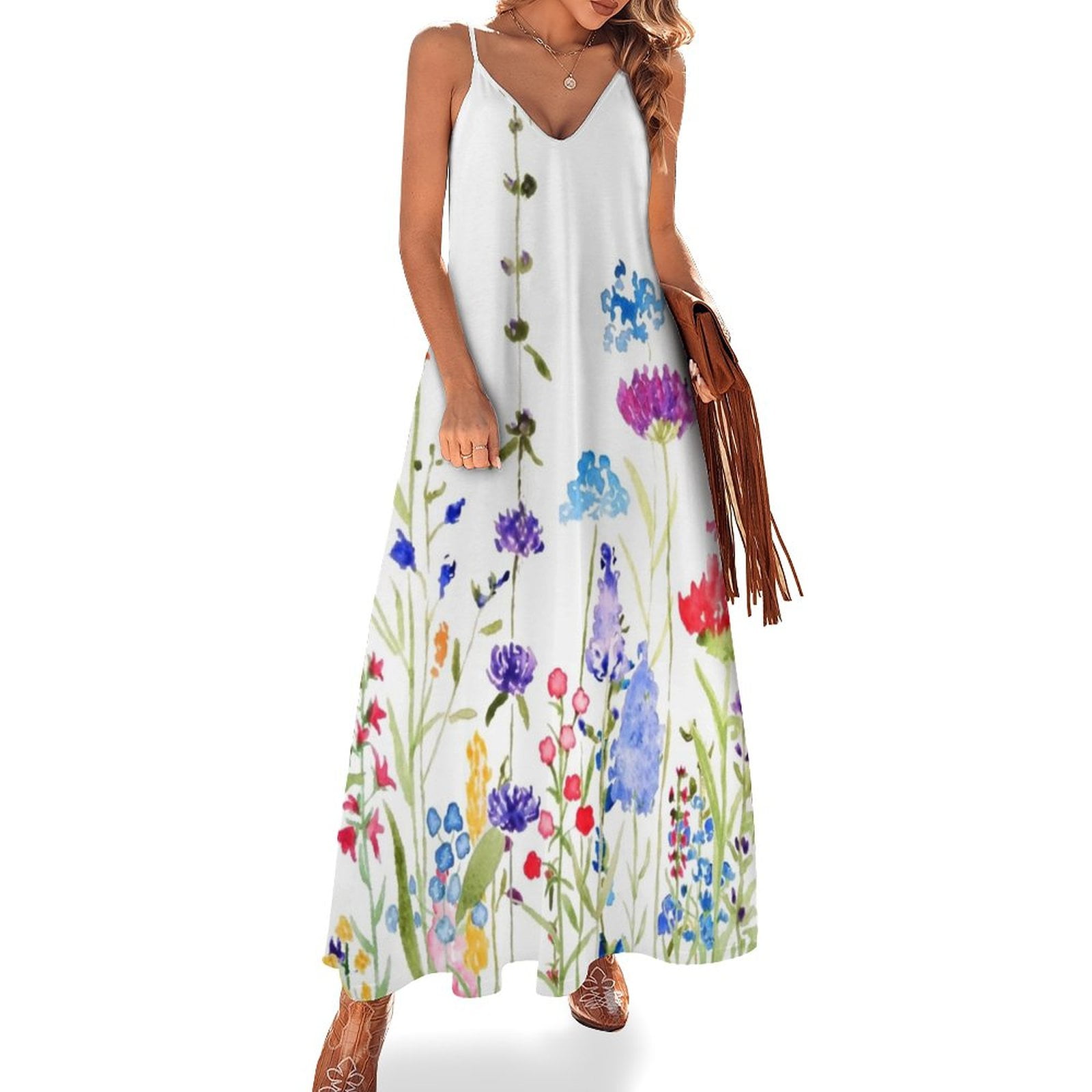 colorful wild flowers watercolor painting Sleeveless Dress dress party evening elegant luxury ...