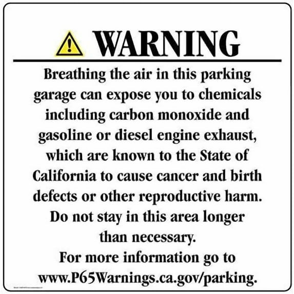 .com California Prop 65 Parking Garage Chemical Warning Sign, 20x20 ...