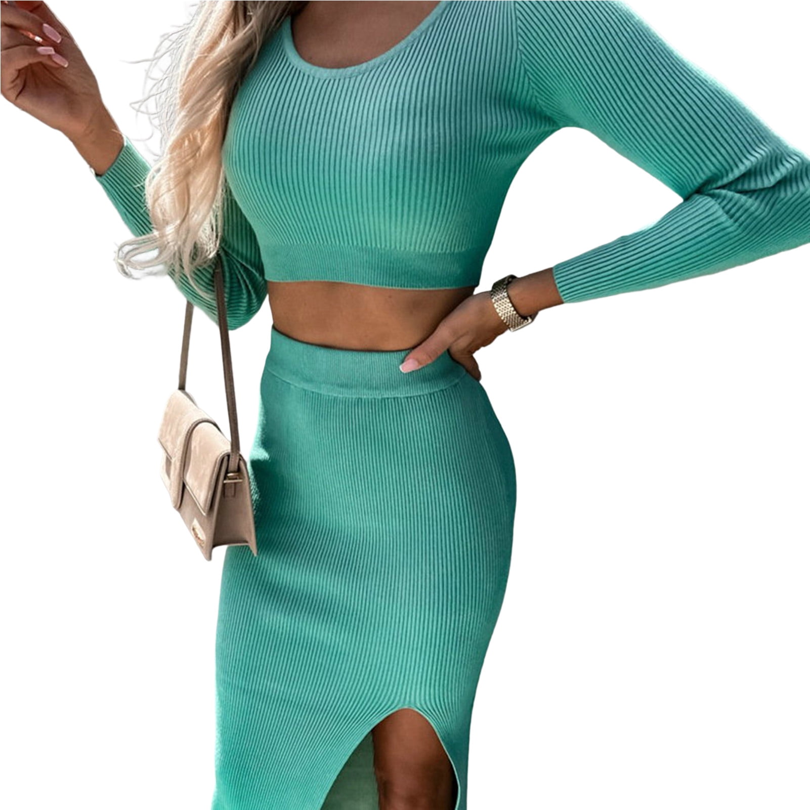 comerut 2 Pcs/Set Autumn Blouse Skirt Suit High Split Slim Fit Solid ...