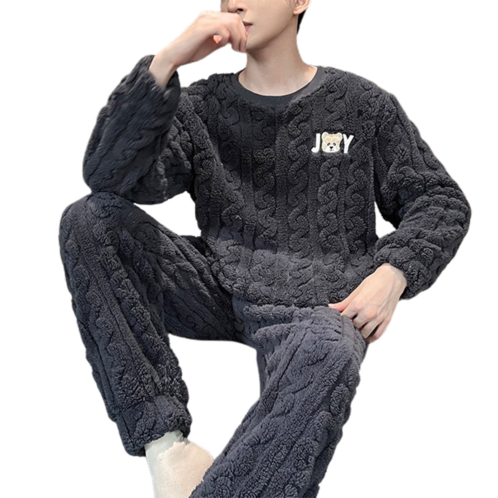 comerut 2 Pcs/Set Men Winter Pajamas Set Round Neck Long Sleeve Thick ...