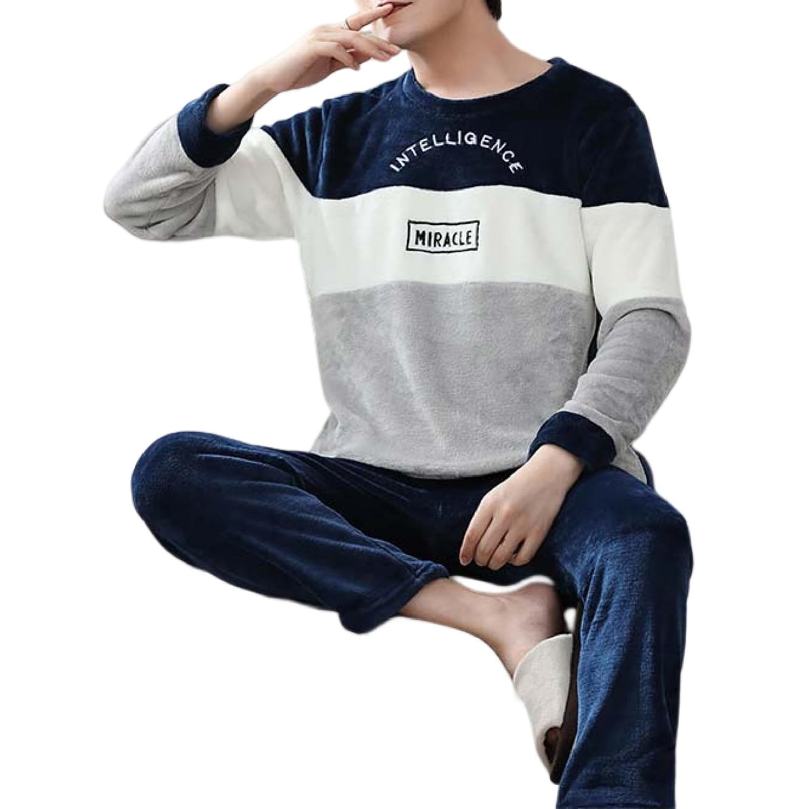 comerut 2 Pcs/Set Sleepwear Suit Loose Pullover Round Neck Thick Soft ...