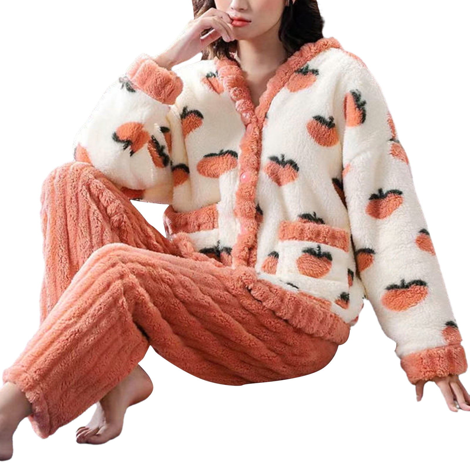 comerut 2 Pcs/Set Women Winter Pajama Set Cartoon Fruit Print Thickened ...