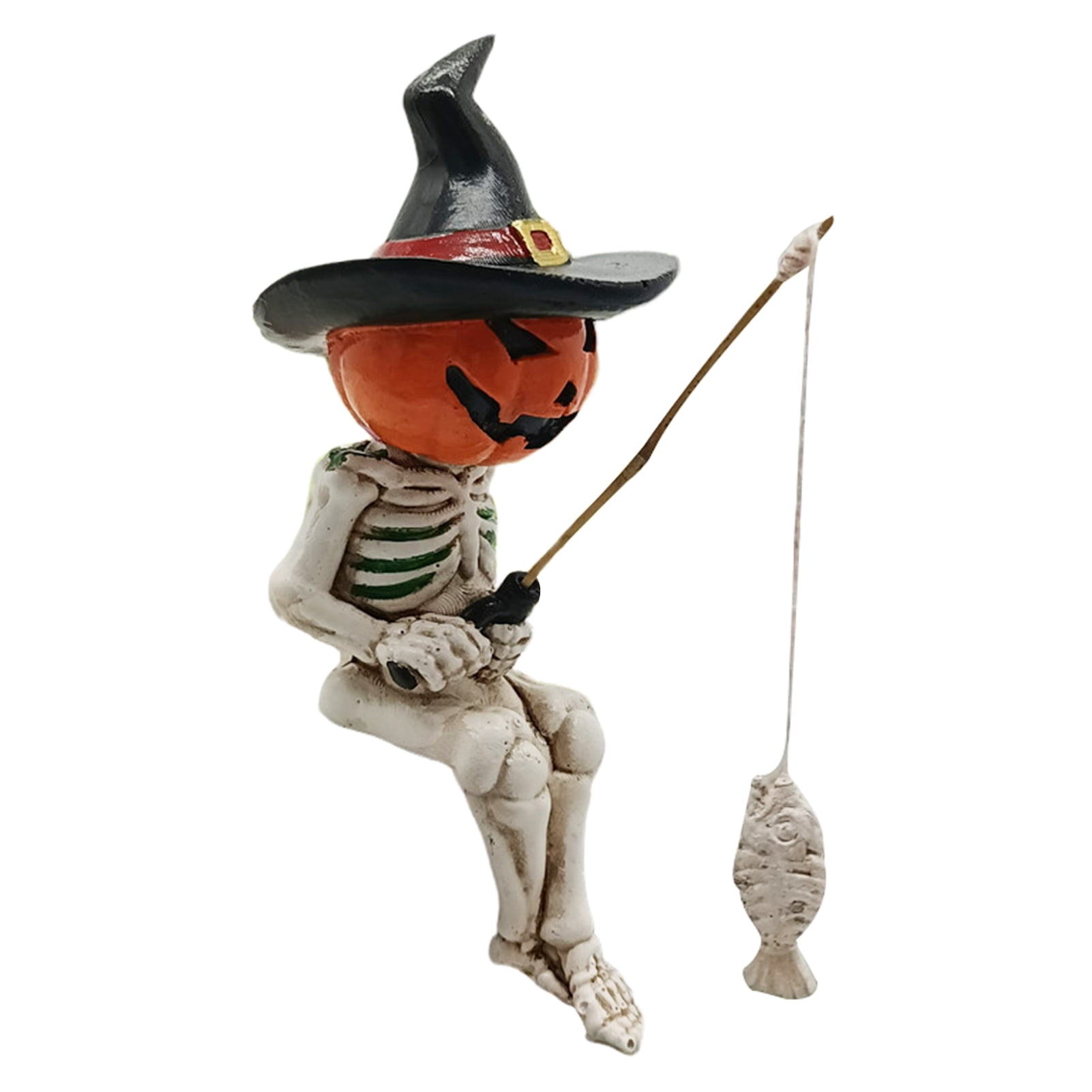 comerut Halloween Fishing Skeleton Figurine Spooky Sitting Pumpkin Head ...