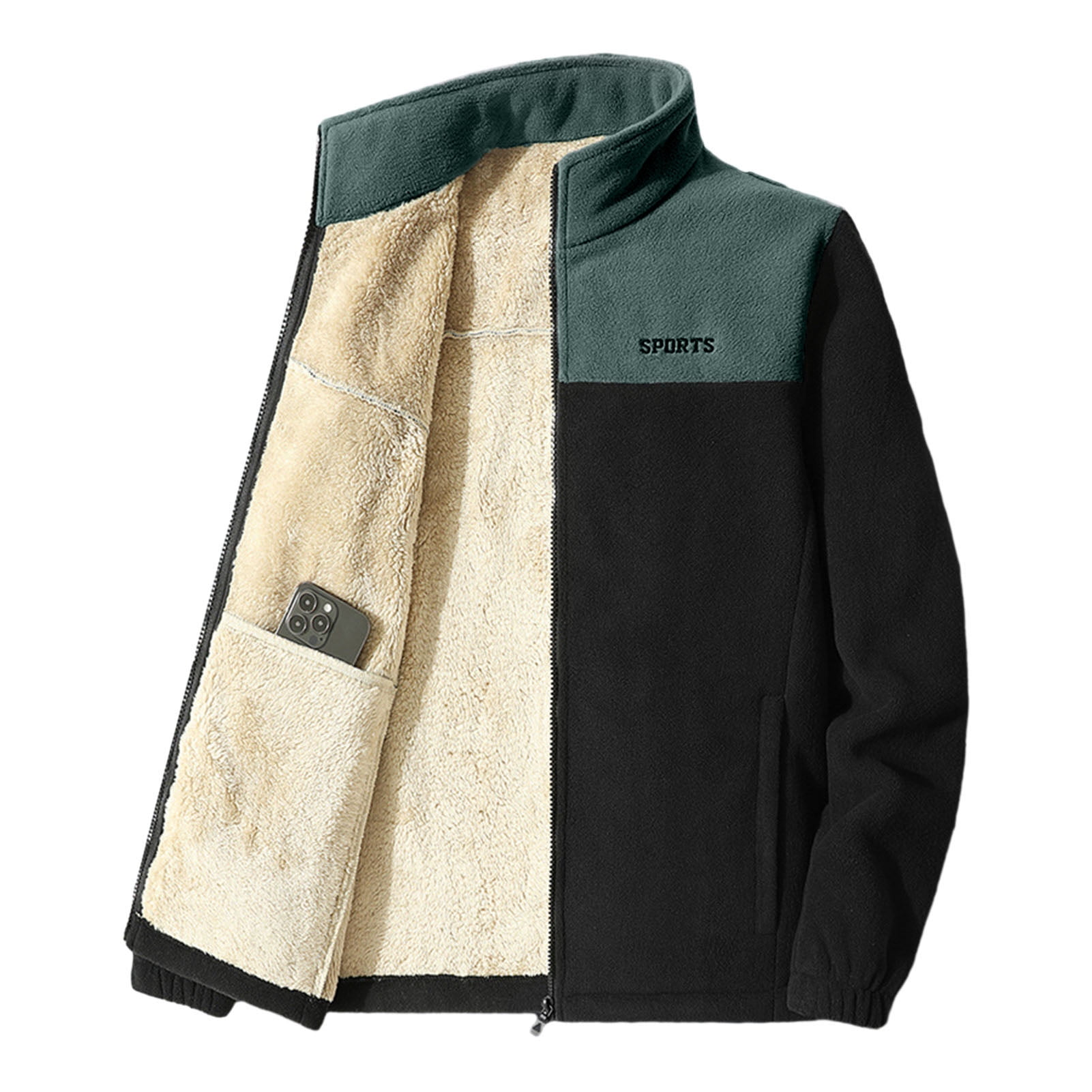 comerut Men Fall Winter Coat Color Block Thick Plush Inner Pockets Long ...