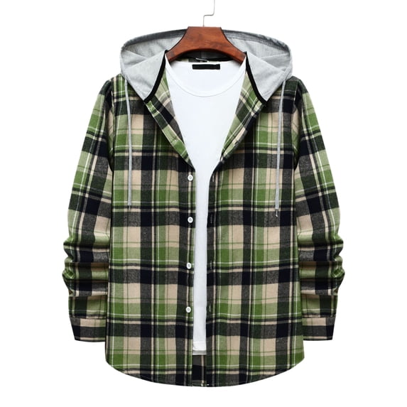 comerut Men Spring Shirt Drawstring Contrast Color Plaid Print Hooded ...