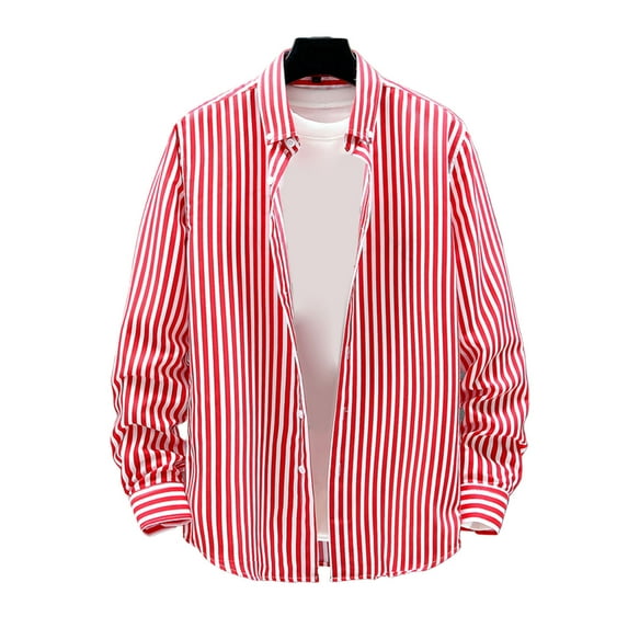 comerut Men Spring Shirt Striped Print Contrast Color Turn-down Collar ...