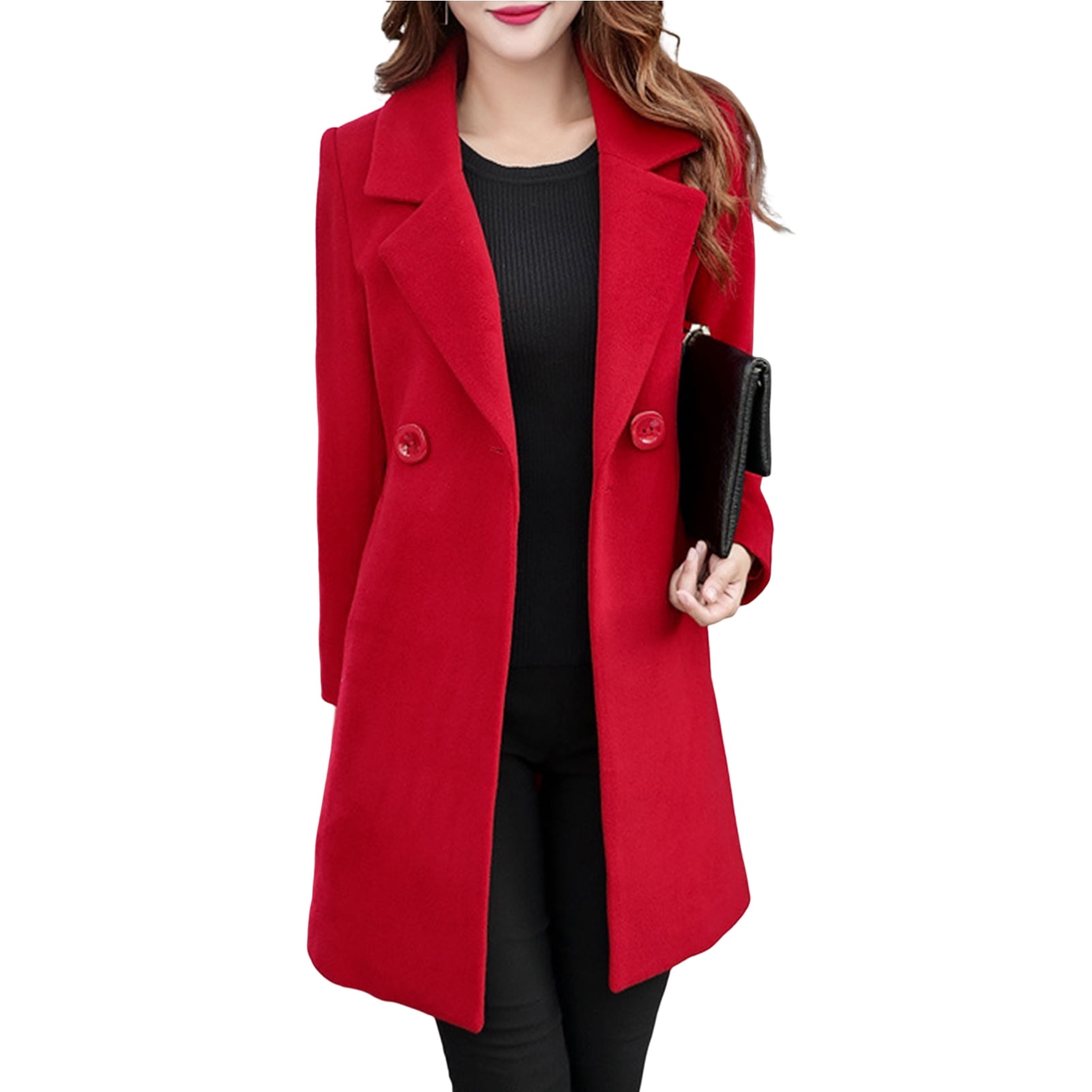 comerut Women Fall Coat Solid Color Double Buttons Thick Lapel Long ...