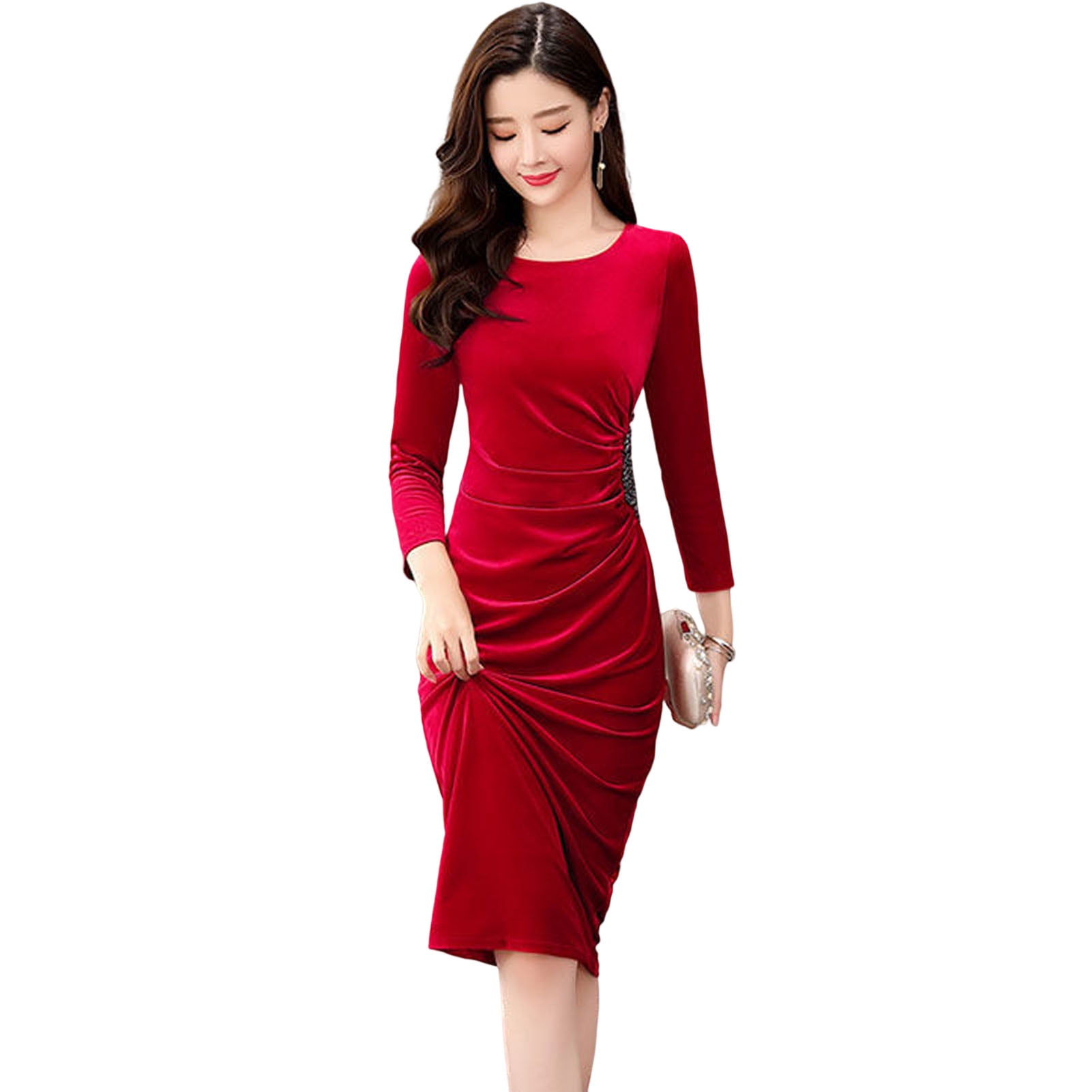 comerut Women Prom Dress Solid Color Round Neck Pleated Slim Fit H Shape Warm Chi-pao Style Knee ...