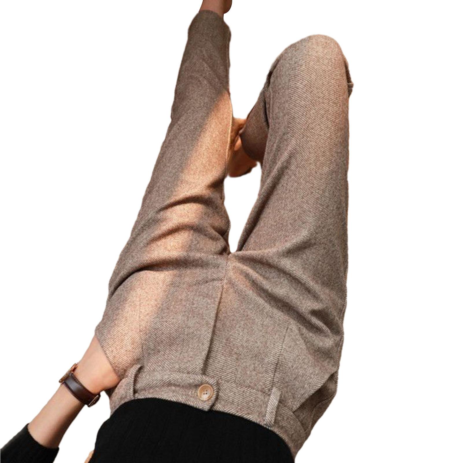 comerut Women Suit Pants Herringbone Print High Waist Slim Fit Straight ...