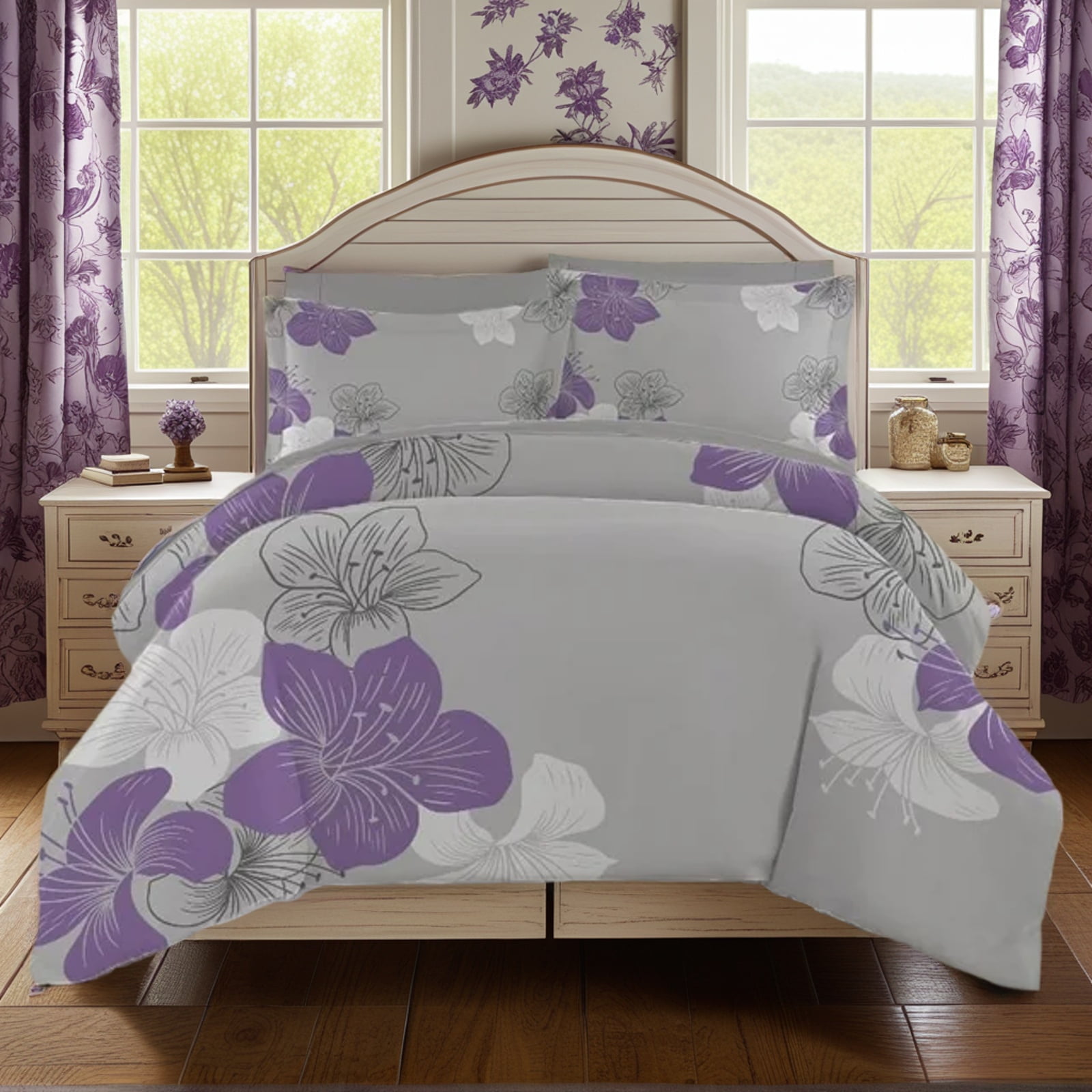 Floral Comforter Set Queen 7 Pieces Bed in a Bag Purple Floral Pattern ...
