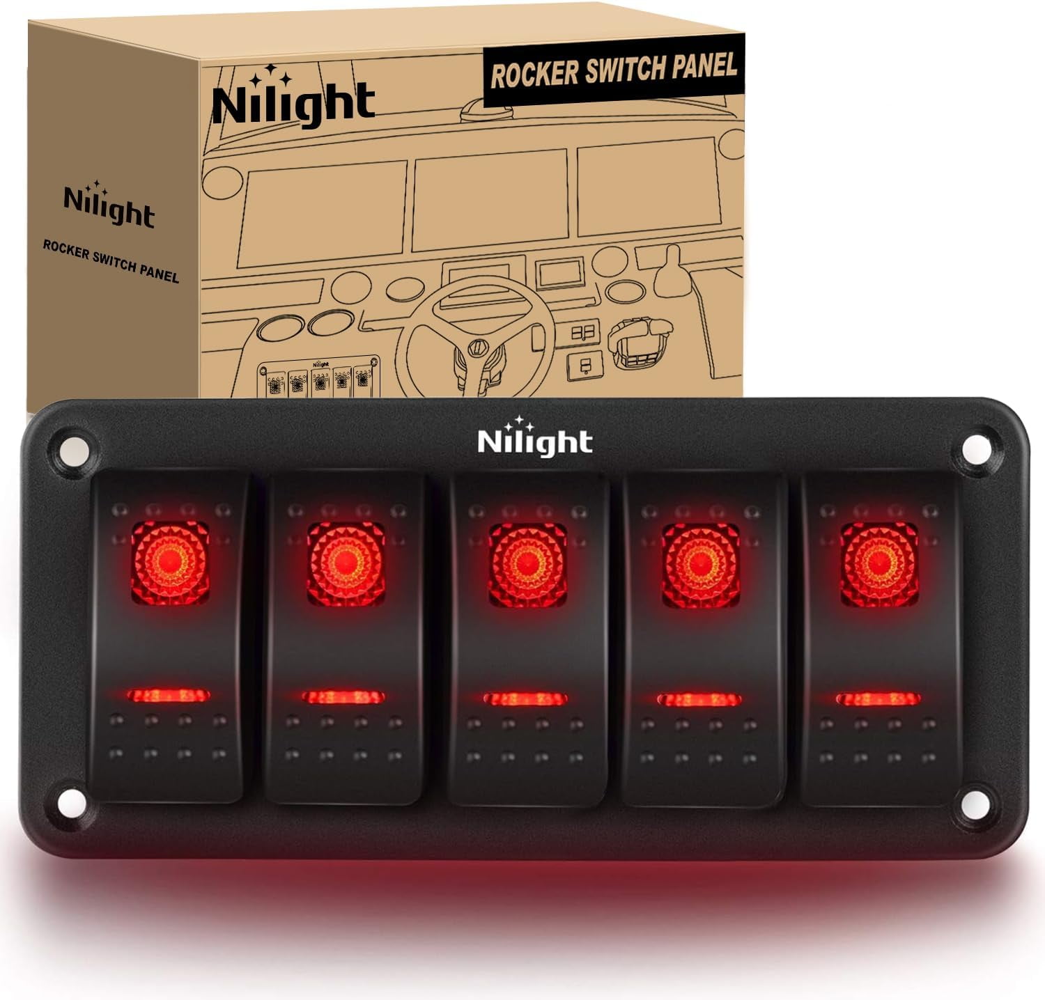 Nilight 5 Gang Rocker Switch Panel 5Pin On Off Toggle Aluminum Holder ...