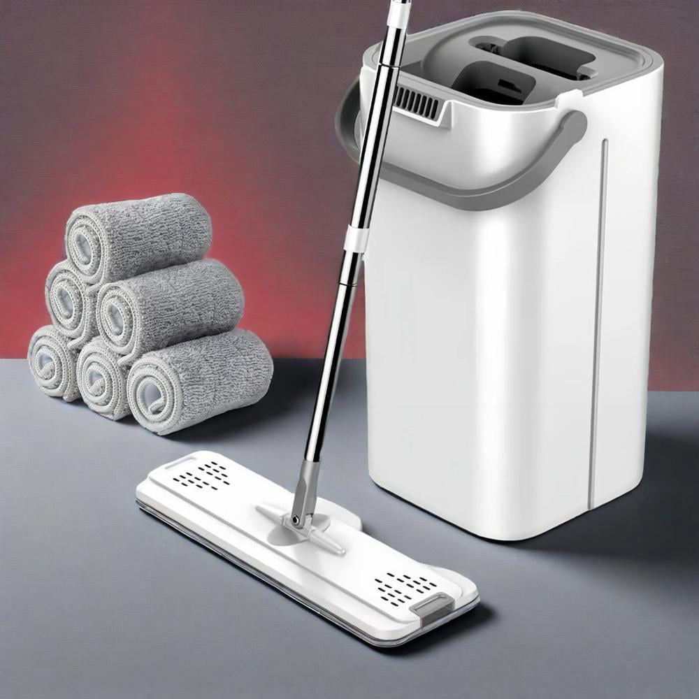 Hands Free Flat Mop and Bucket with Wringer Set, 6 Microfiber Pads, Wet ...