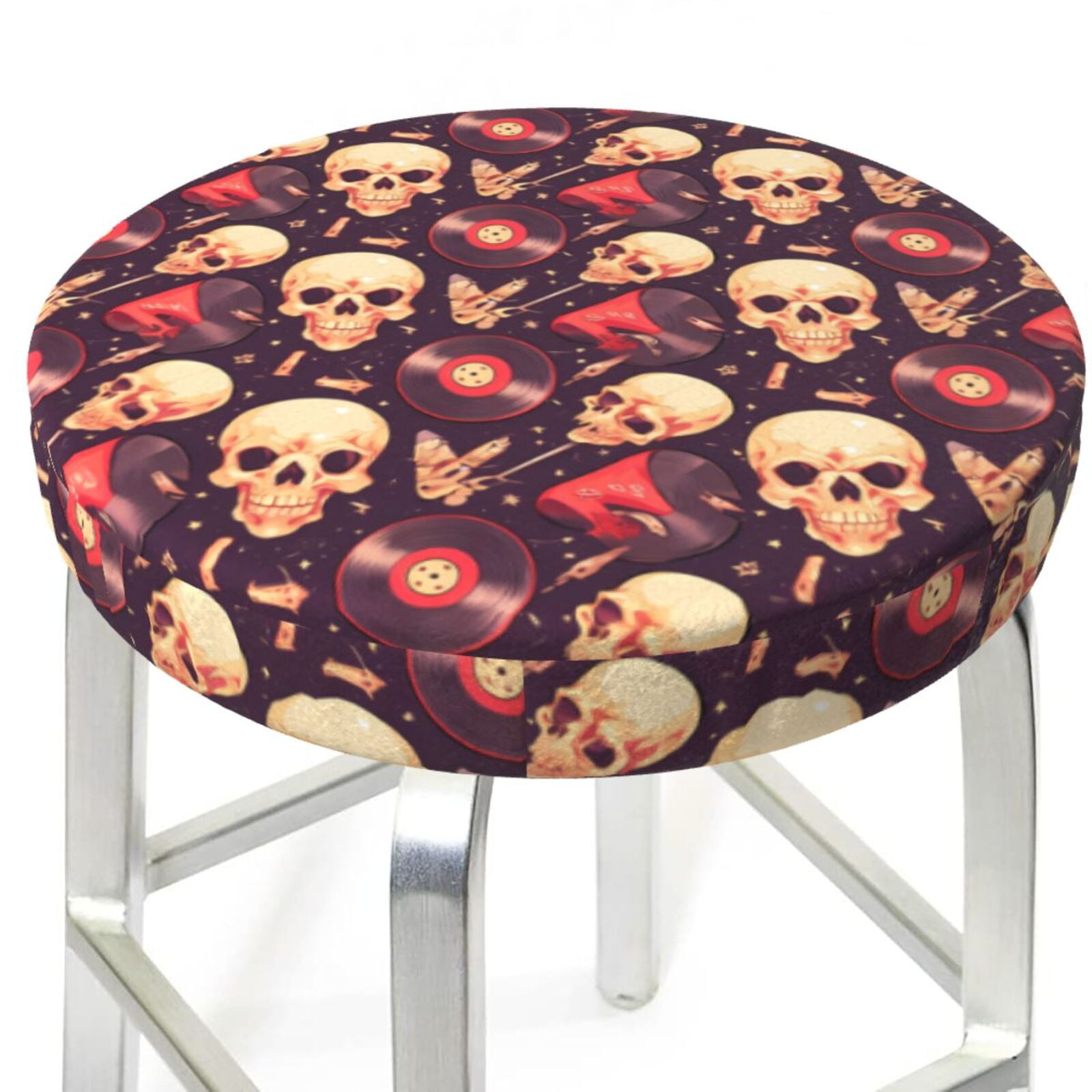 cool rock Skull record Bar Stool Covers - Stretch Round Seat Covers ...