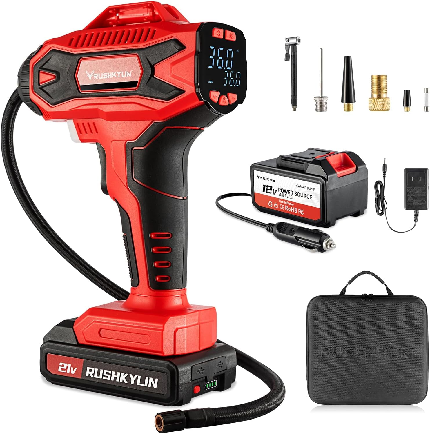 cordless tire inflator portable air compressor, 160psi air pump with 21v rechargeable battery ...