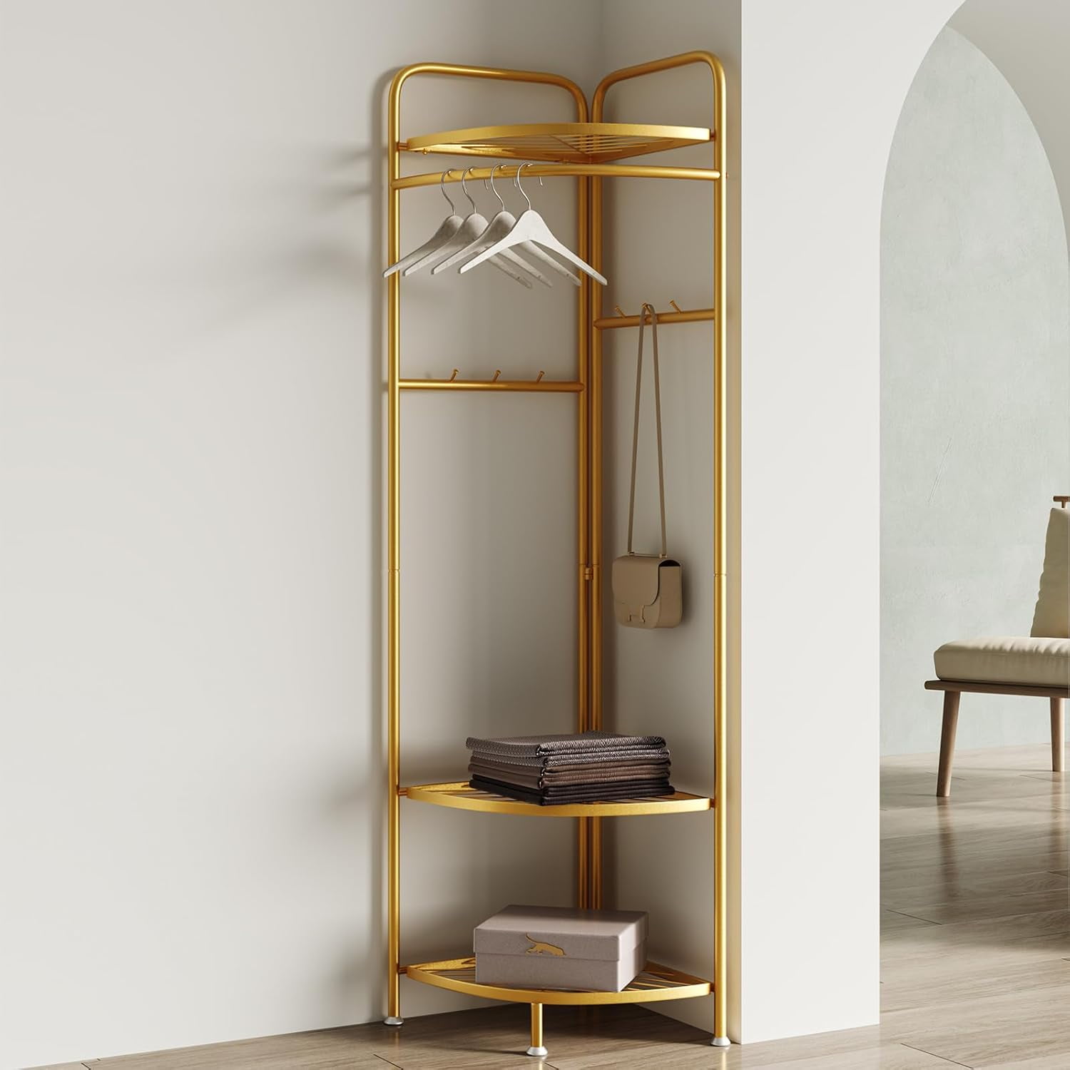 corner coat rack,corner hall tree with 6 hooks and storage shelf,gold ...