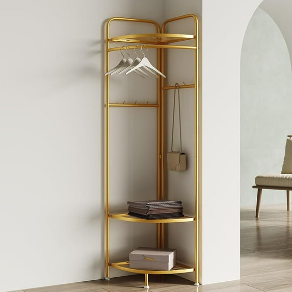 corner coat rack,corner hall tree with 6 hooks and storage shelf,gold ...
