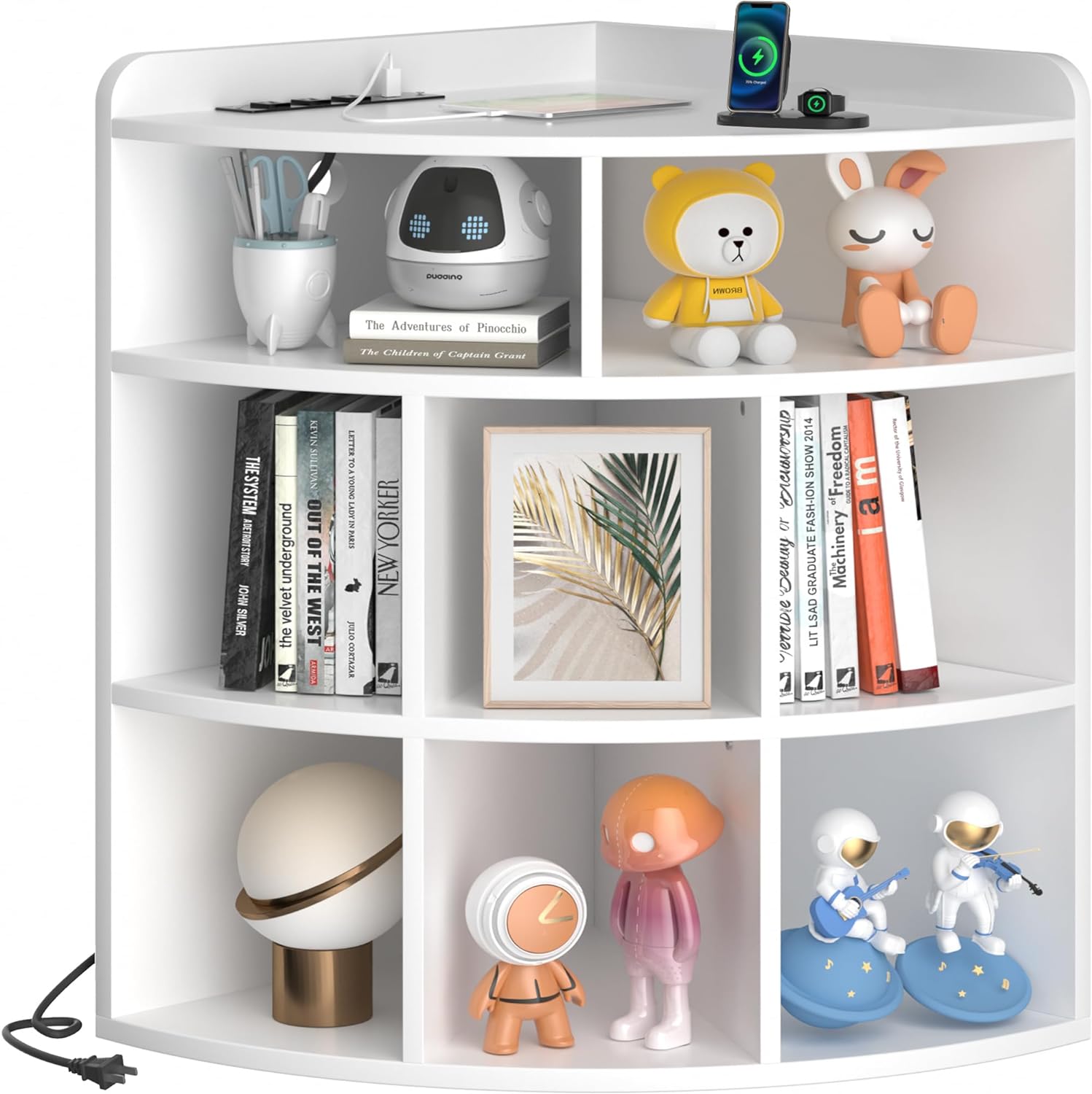 **corner cube shelf with usb ports & outlets, modern corner toy storage ...
