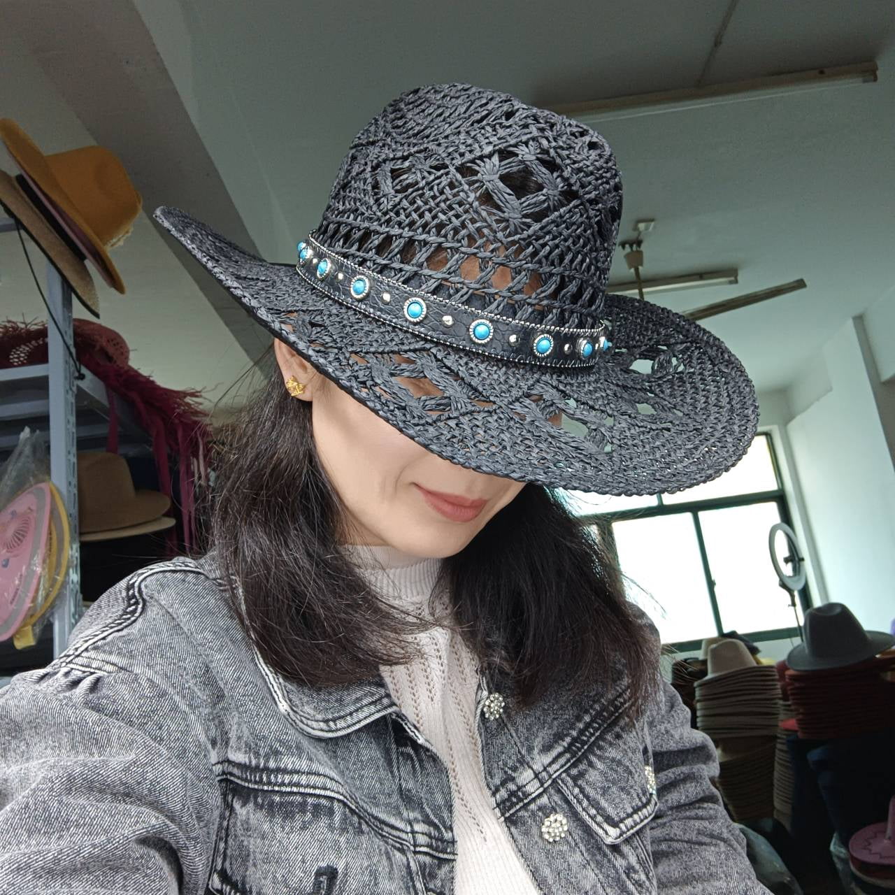 cowboy hat straw fedora Women's Handmade Woven Sunshade Jazz Straw Hat ...