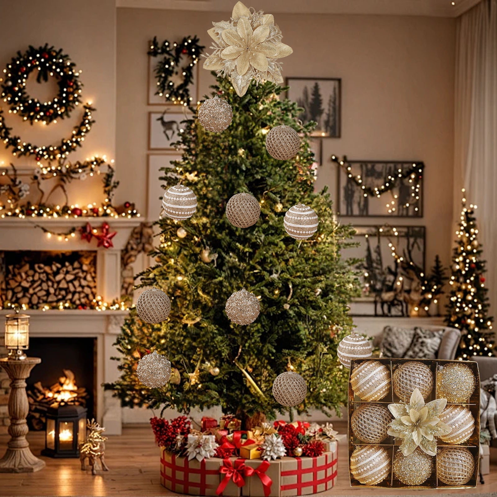 cpengpj 9Pcs Christmas Ornaments Set with Flower, Plastic Hanging Light ...