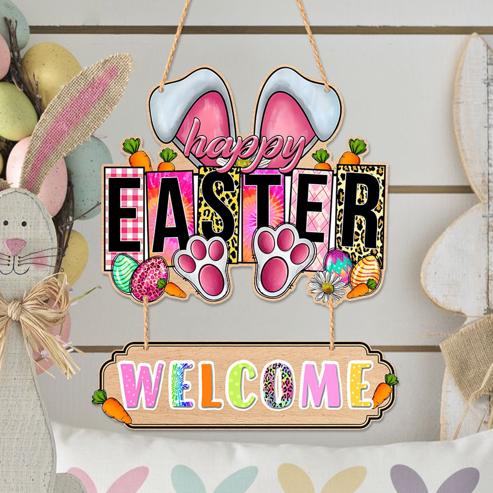cpengpj Easter Decorations Rustic Colorful Wooden Easter Bunny Welcome ...