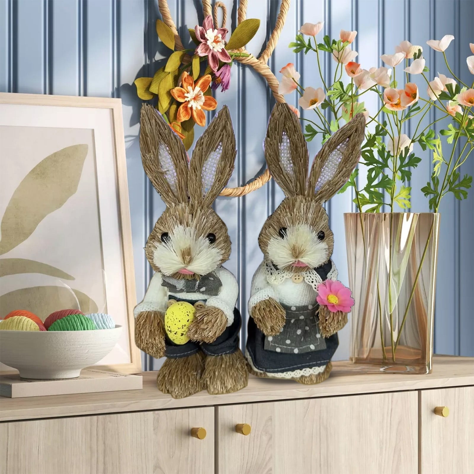 cpengpj Easter Statue Standing Sisal Bunny Rabbit Lifelike Hand- Woven ...