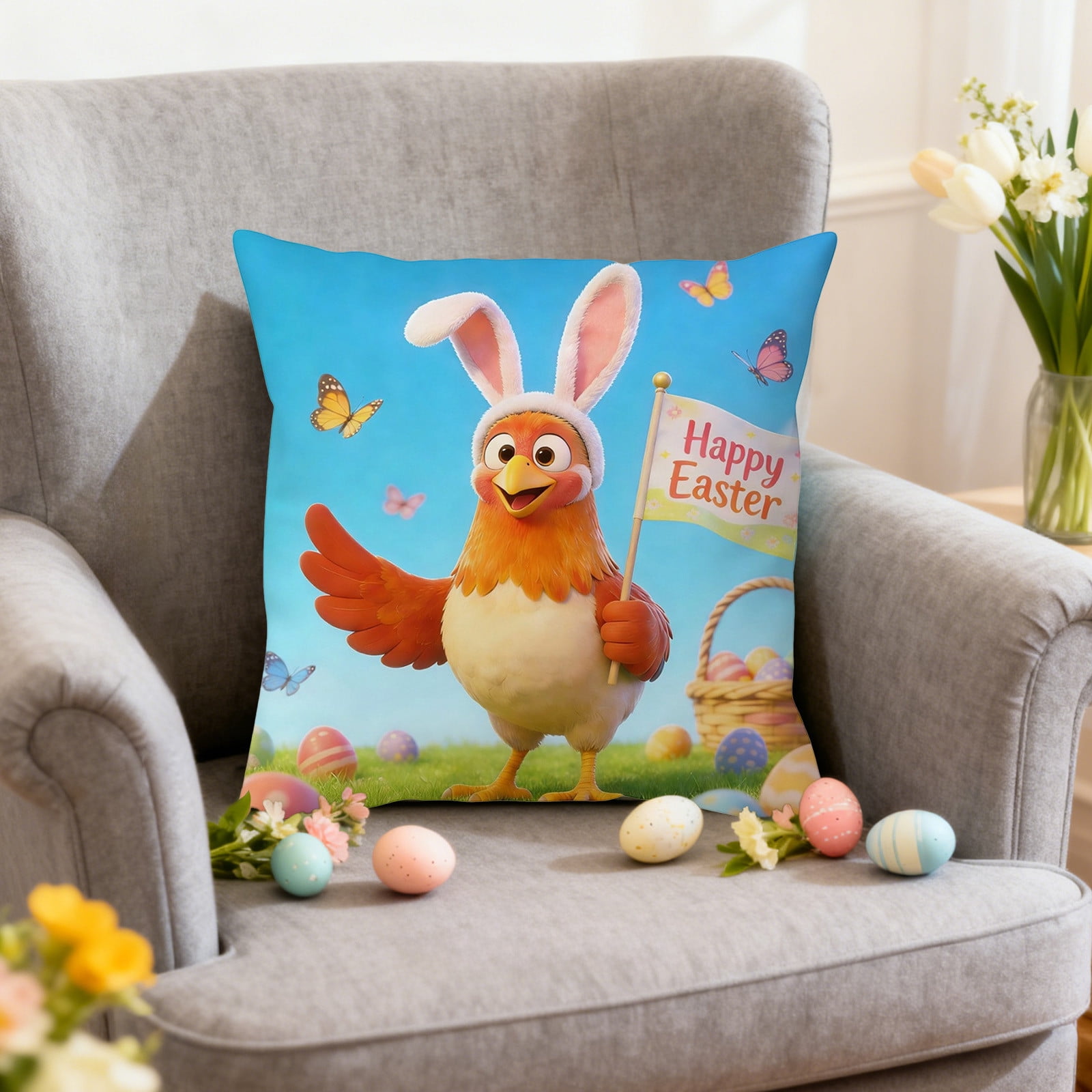 cpengpj Easter Funny Chick Pillow Cover Multicolor Nylon 45x45cm Cute ...
