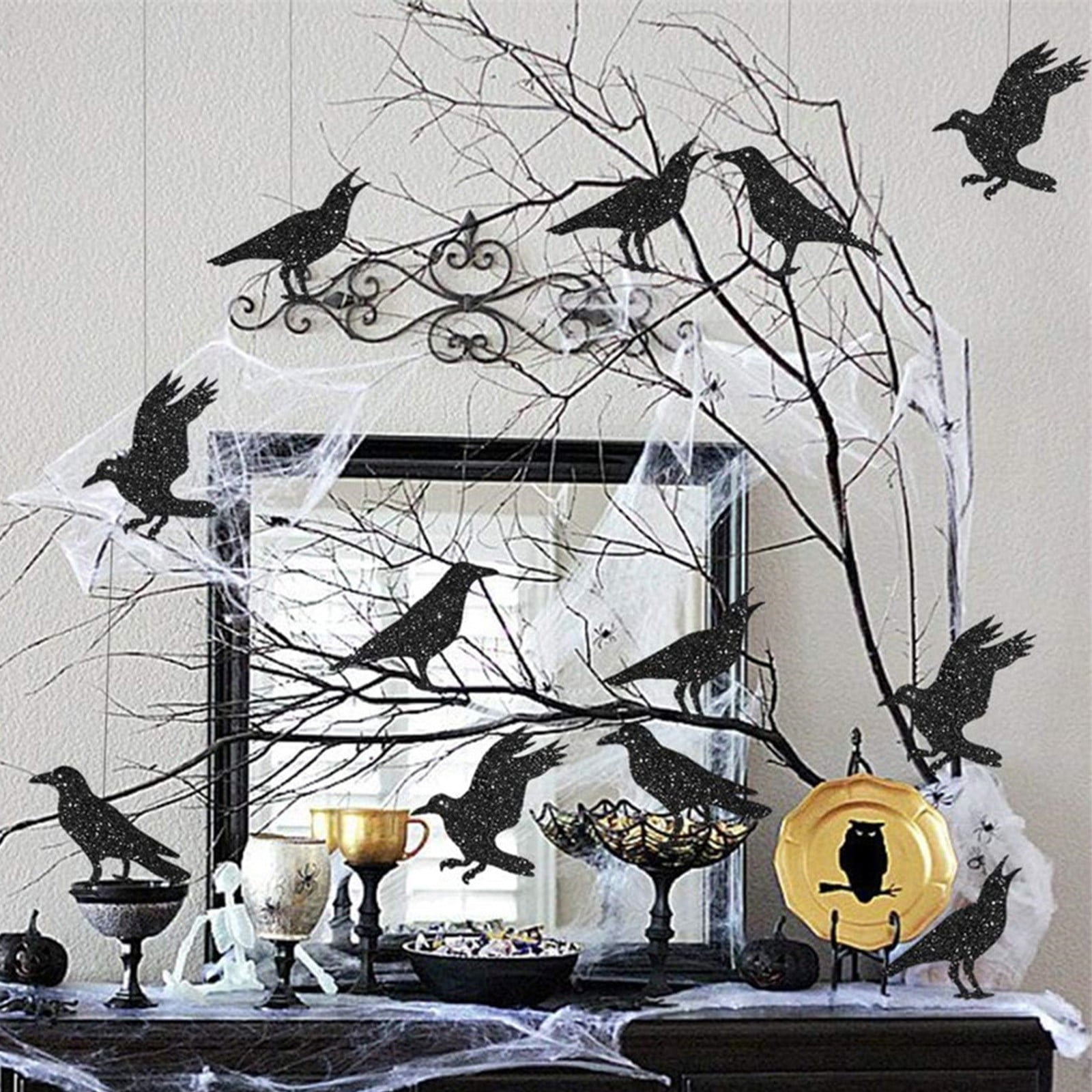 cpengpj Glitter Black Crow Halloween Decorations Bird Raven Hanging ...