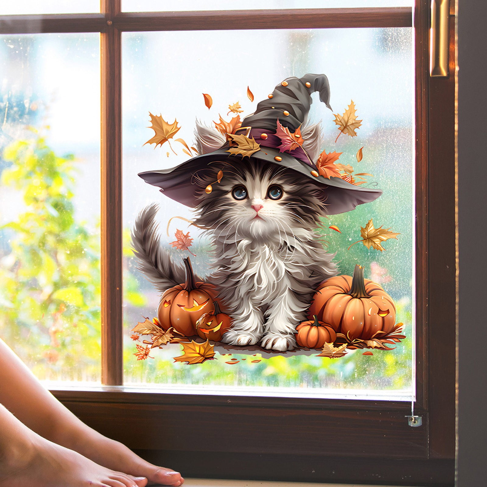 cpengpj Halloween Cat Window Sticker, Featuring Witch Hat, Pumpkin and ...