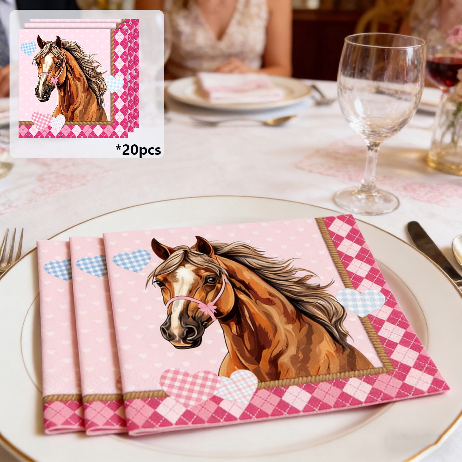 cpengpj Horse Racing Themed Paper Napkins, Pink Checkered Design for ...