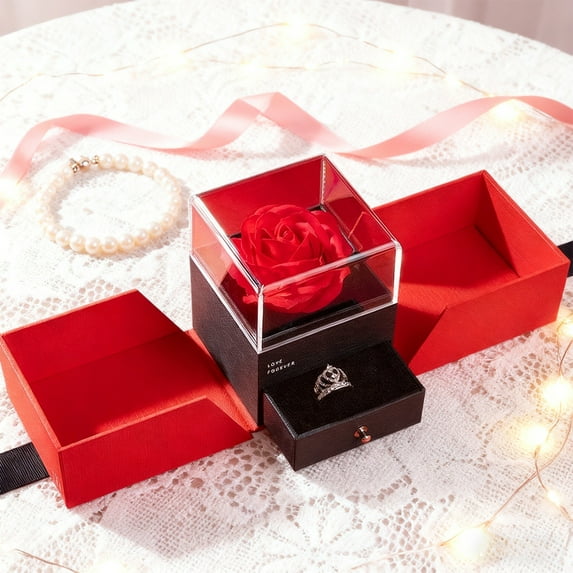 cpengpj Red Plastic Double-Door Eternally Rose Jewelry Box with Bow ...