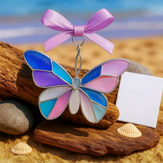 cpengpj Sea Glass Pendant with Blue Bow Ribbon, Metal Twisted Wires ...