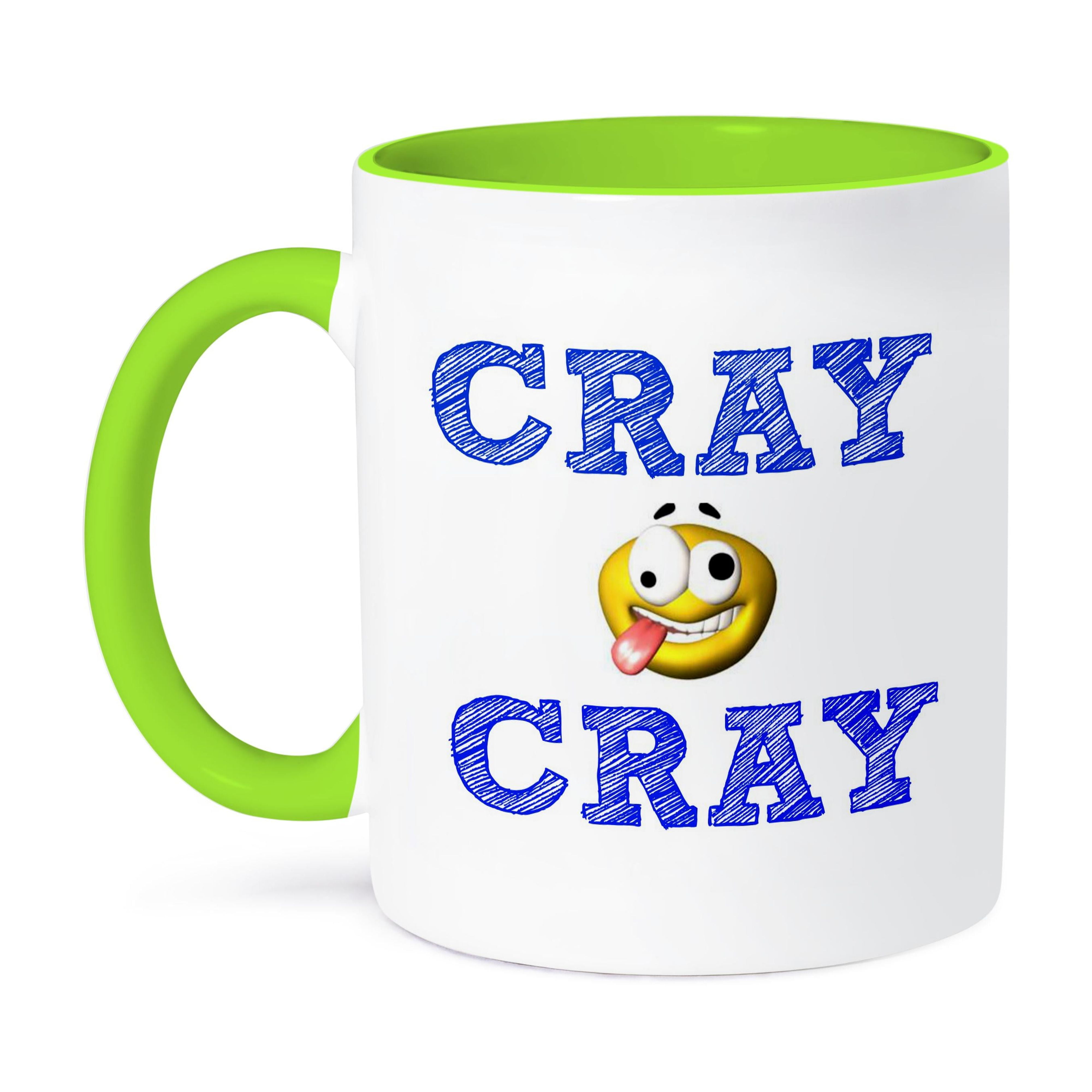 3dRose, cray cray, blue letters on white background with funny face picture, 15oz Two-Tone Green ...